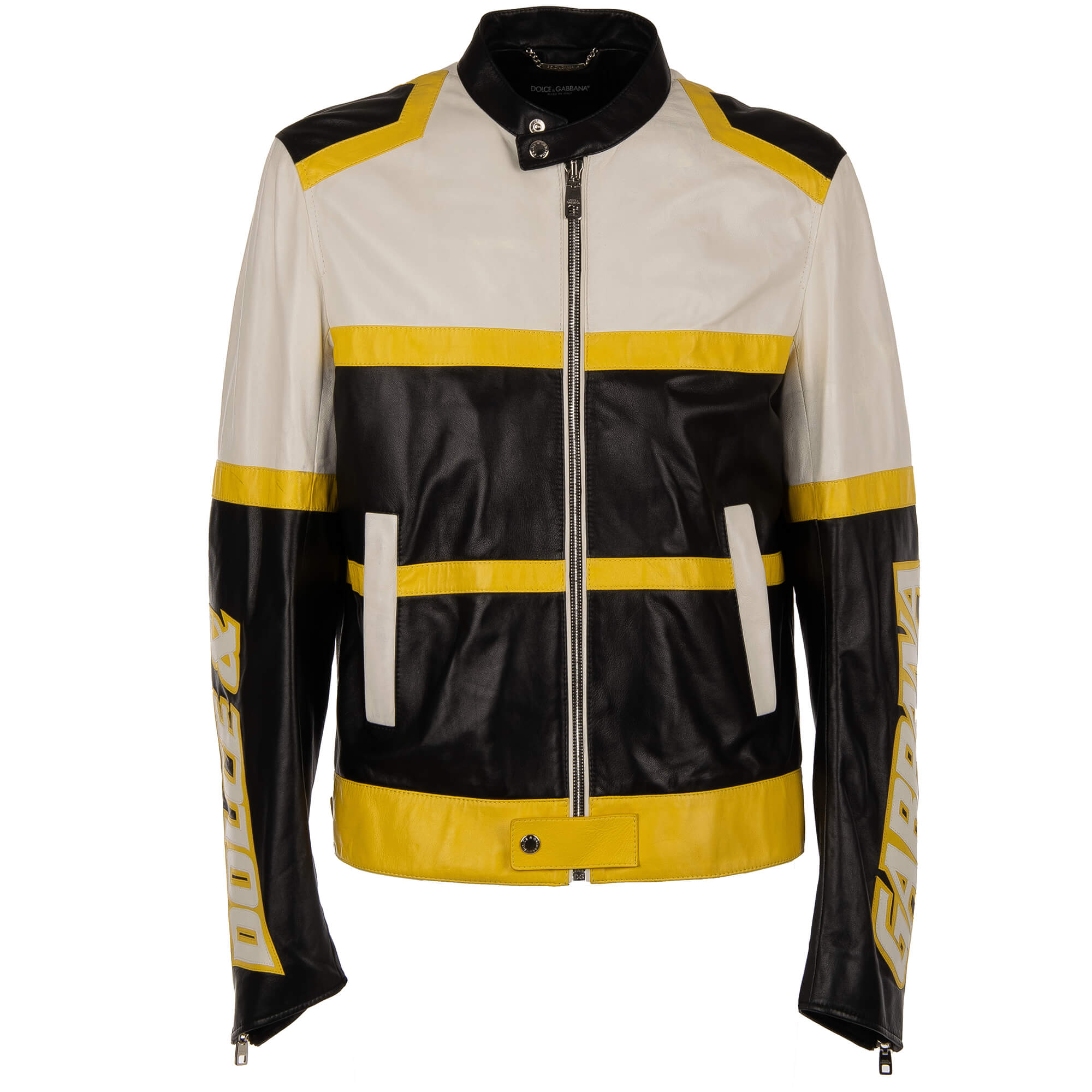 Biker Leather Jacket KING with Logo Embroidery Black White Yellow 52 L ...