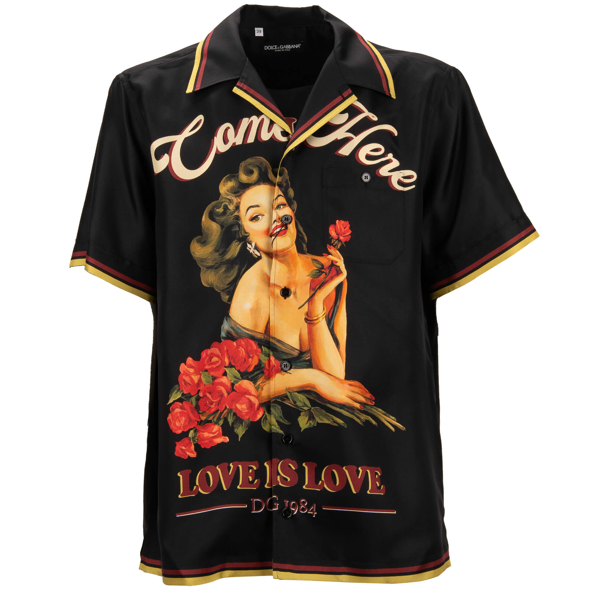 Come Here Pin Up Rose Model Logo Oversize Silk Shirt Black 38 XS S | 13504