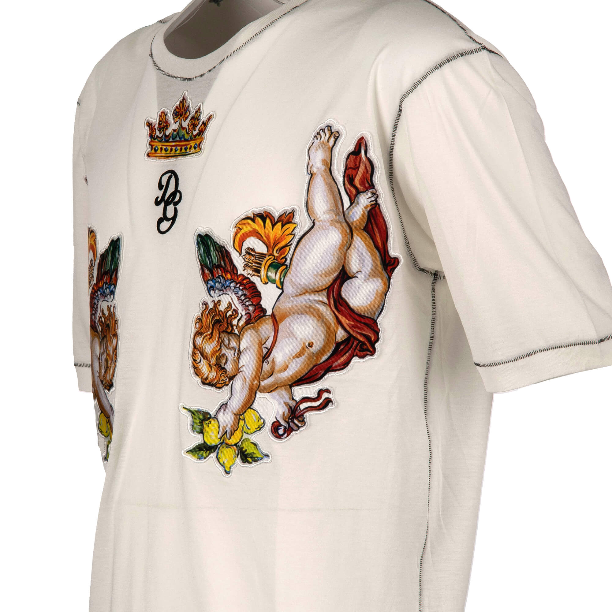 Dolce And Gabbana Cotton T Shirt With Angel Crown Silk Patches And Logo