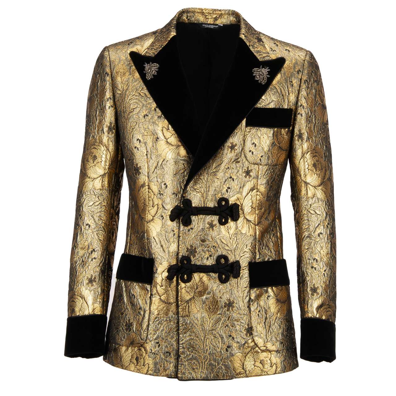 Baroque Floral Bee Tuxedo Blazer with Rope Closure Black Gold 46 S | 11505